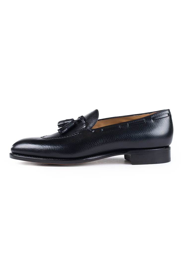 Black Tassel Loafer in Black Hatched Leather | Stefano Bemer